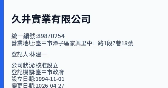 久井實業有限公司的照片-統編 89870254(臺中市) 公司登記資料與營業項目詳細圖表