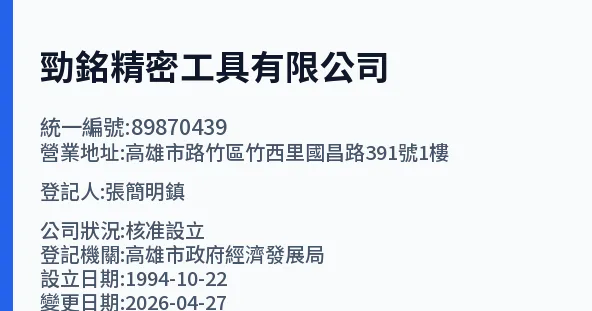 勁銘精密工具有限公司的照片-統編 89870439(高雄市) 公司登記資料與營業項目詳細圖表