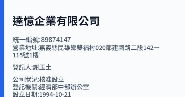 達憶企業有限公司的照片-統編 89874147(嘉義縣) 公司登記資料與營業項目詳細圖表