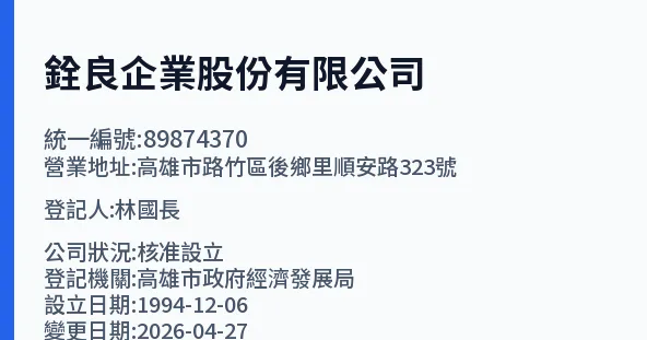 銓良企業股份有限公司的照片-統編 89874370(高雄市) 公司登記資料與營業項目詳細圖表