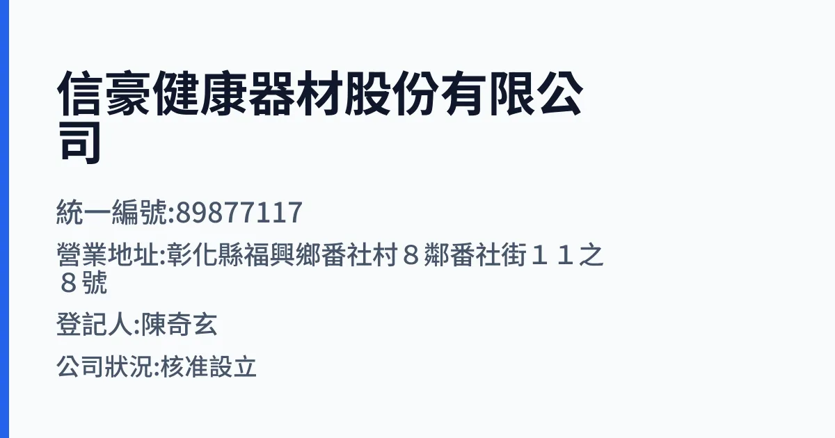 信豪健康器材股份有限公司 - 統編 89877117(彰化縣) 公司登記資料與營業項目詳細圖表