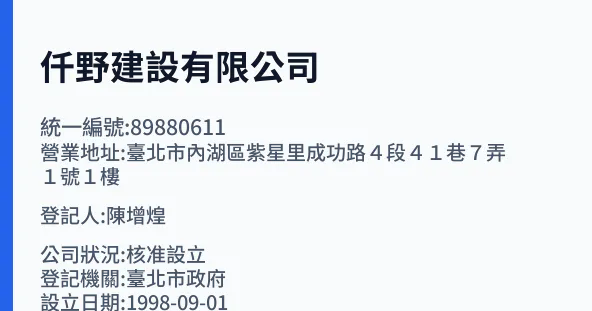 仟野建設有限公司的照片-統編 89880611(臺北市) 公司登記資料與營業項目詳細圖表