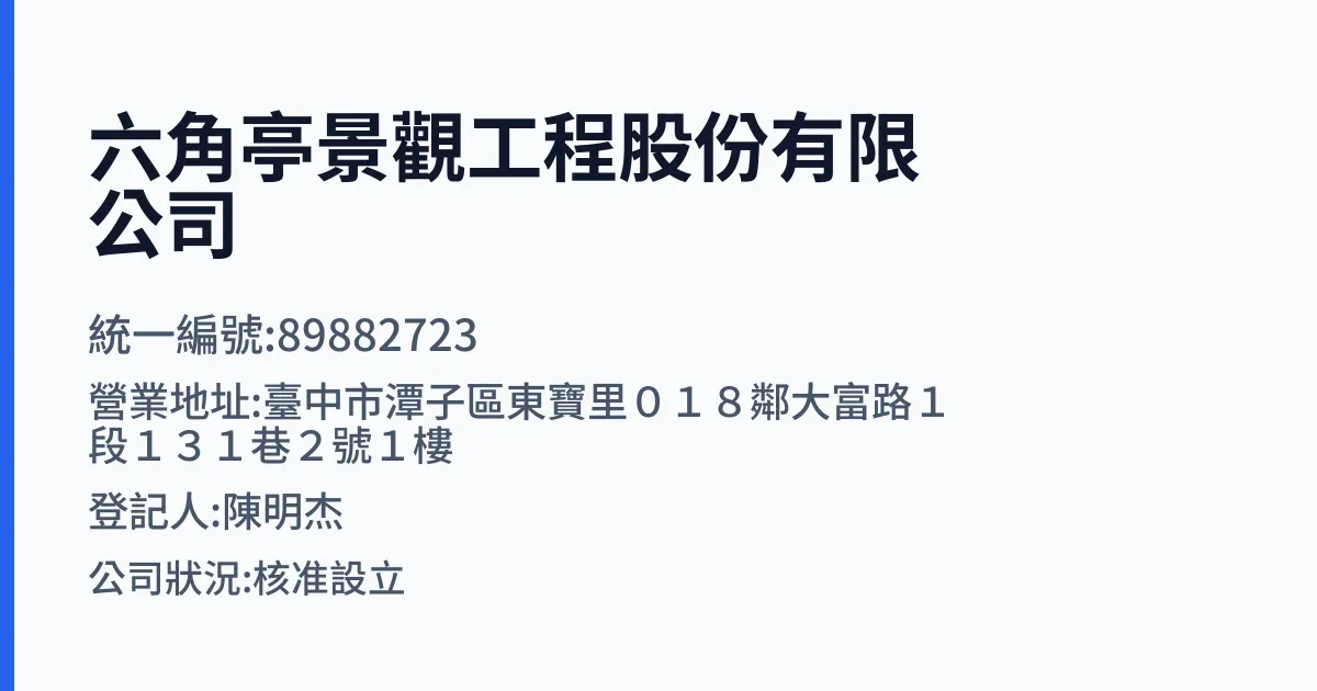 六角亭景觀工程股份有限公司 - 統編 89882723(臺中市) 公司登記資料與營業項目詳細圖表