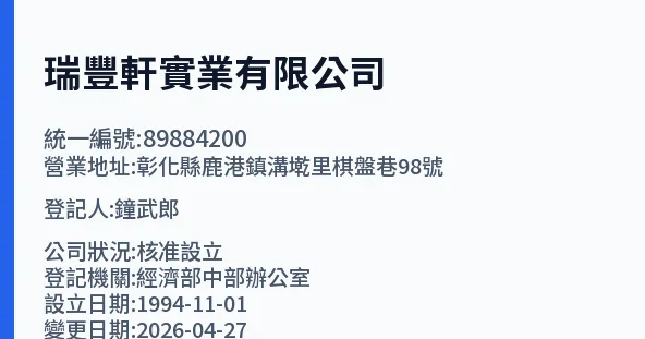 瑞豐軒實業有限公司的照片-統編 89884200(彰化縣) 公司登記資料與營業項目詳細圖表