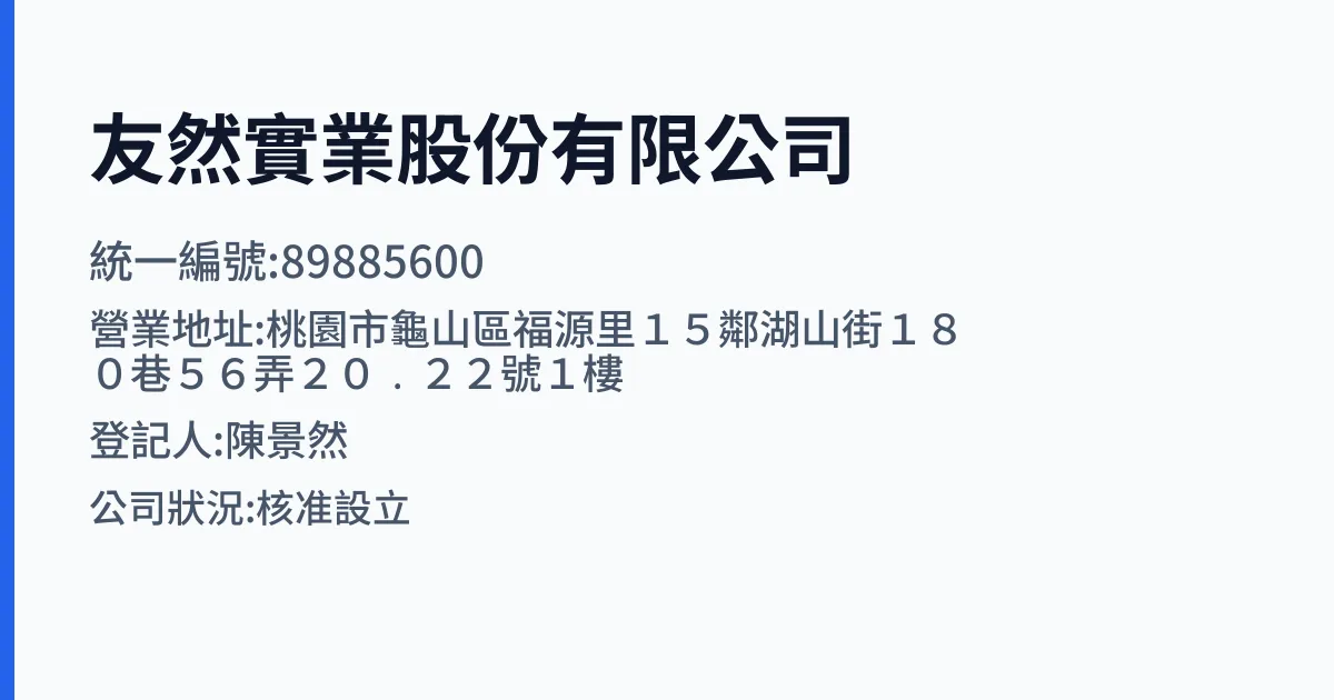 友然實業股份有限公司 - 統編 89885600(桃園市) 公司登記資料與營業項目詳細圖表