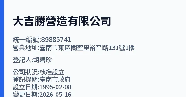 大吉勝營造有限公司的照片-統編 89885741(臺南市) 公司登記資料與營業項目詳細圖表