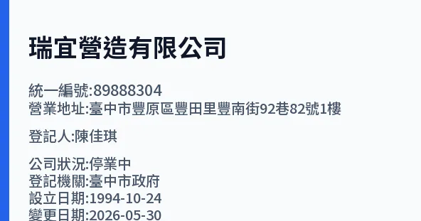 瑞宜營造有限公司的照片-統編 89888304(臺中市) 公司登記資料與營業項目詳細圖表
