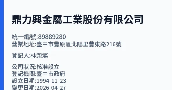 鼎力興金屬工業股份有限公司的照片-統編 89889280(臺中市) 公司登記資料與營業項目詳細圖表