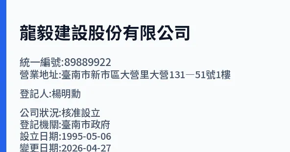 龍毅建設股份有限公司的照片-統編 89889922(臺南市) 公司登記資料與營業項目詳細圖表