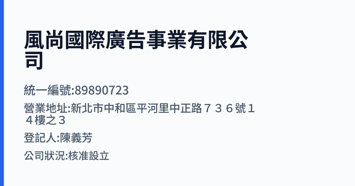 風尚國際廣告事業有限公司 - 統編 89890723(新北市) 公司登記資料與營業項目詳細圖表