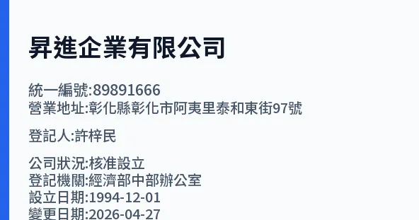 昇進企業有限公司的照片-統編 89891666(彰化縣) 公司登記資料與營業項目詳細圖表