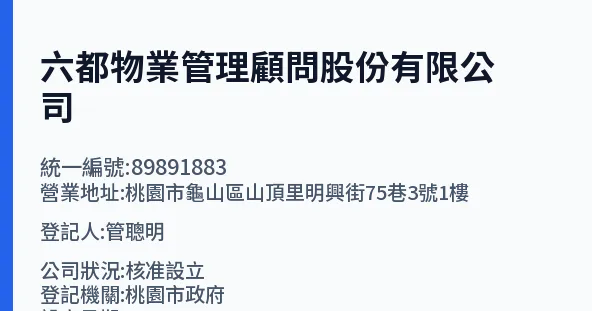 六都物業管理顧問股份有限公司的照片-統編 89891883(桃園市) 公司登記資料與營業項目詳細圖表