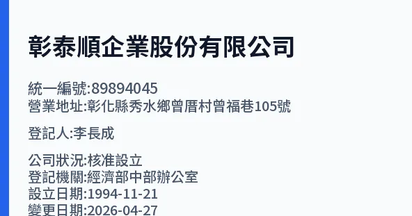 彰泰順企業股份有限公司的照片-統編 89894045(彰化縣) 公司登記資料與營業項目詳細圖表