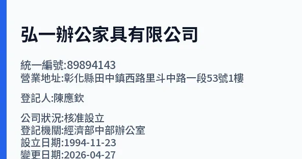 弘一辦公家具有限公司的照片-統編 89894143(彰化縣) 公司登記資料與營業項目詳細圖表