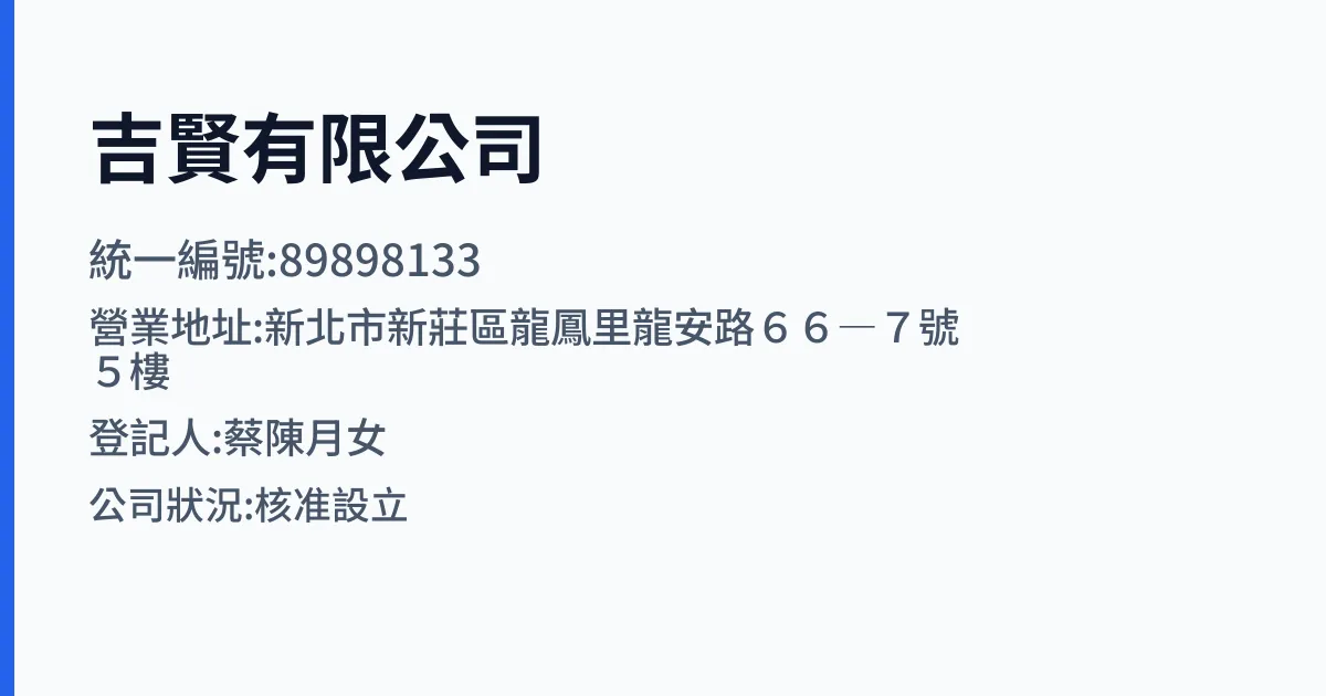 吉賢有限公司 - 統編 89898133(新北市) 公司登記資料與營業項目詳細圖表