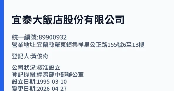宜泰大飯店股份有限公司的照片-統編 89900932(宜蘭縣) 公司登記資料與營業項目詳細圖表