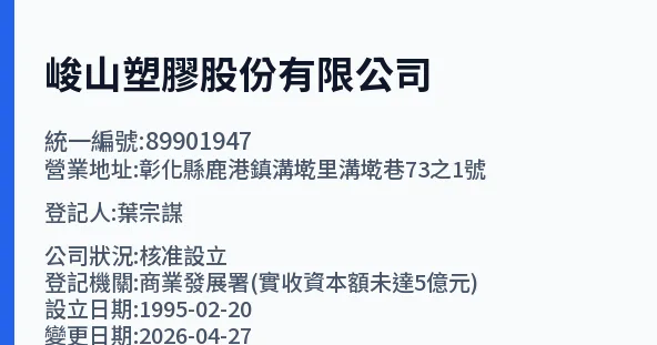 峻山塑膠股份有限公司的照片-統編 89901947(彰化縣) 公司登記資料與營業項目詳細圖表