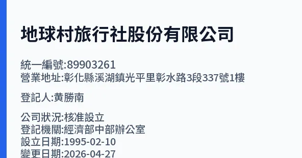 地球村旅行社股份有限公司的照片-統編 89903261(彰化縣) 公司登記資料與營業項目詳細圖表