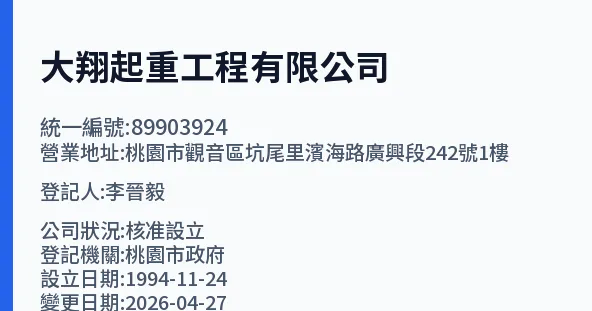 大翔起重工程有限公司的照片-統編 89903924(桃園市) 公司登記資料與營業項目詳細圖表
