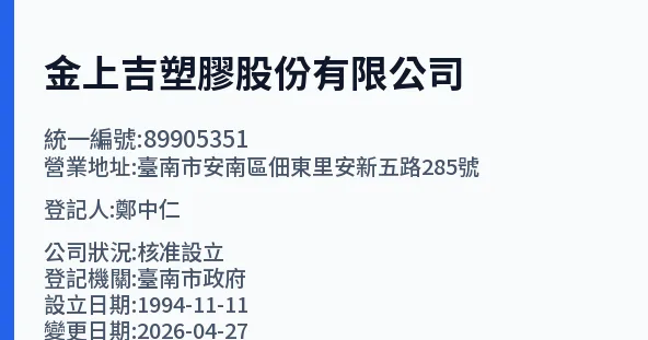 金上吉塑膠股份有限公司的照片-統編 89905351(臺南市) 公司登記資料與營業項目詳細圖表