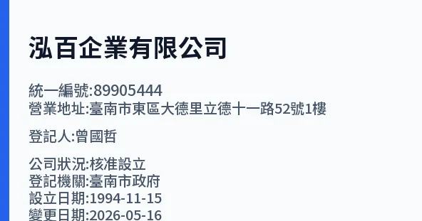 泓百企業有限公司的照片-統編 89905444(臺南市) 公司登記資料與營業項目詳細圖表
