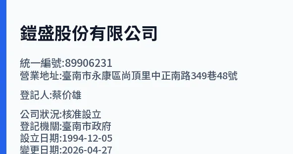 鎧盛股份有限公司的照片-統編 89906231(臺南市) 公司登記資料與營業項目詳細圖表