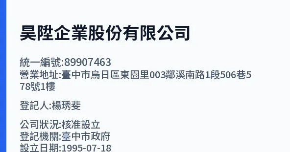 昊陞企業股份有限公司的照片-統編 89907463(臺中市) 公司登記資料與營業項目詳細圖表