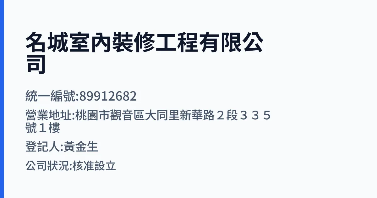 名城室內裝修工程有限公司 - 統編 89912682(桃園市) 公司登記資料與營業項目詳細圖表