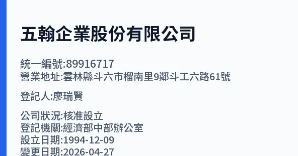 五翰企業股份有限公司的照片-統編 89916717(雲林縣) 公司登記資料與營業項目詳細圖表
