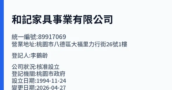 和記家具事業有限公司的照片-統編 89917069(桃園市) 公司登記資料與營業項目詳細圖表