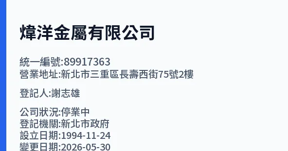 煒洋金屬有限公司的照片-統編 89917363(新北市) 公司登記資料與營業項目詳細圖表