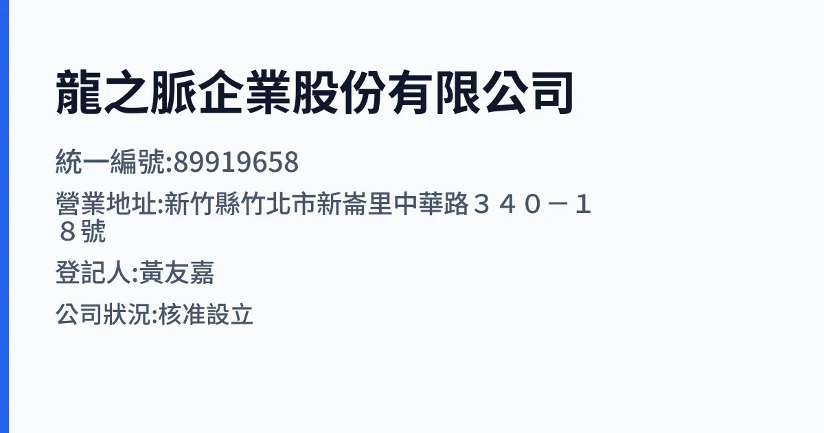 龍之脈企業股份有限公司 - 統編 89919658(新竹縣) 公司登記資料與營業項目詳細圖表