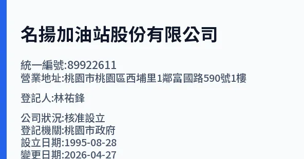 名揚加油站股份有限公司的照片-統編 89922611(桃園市) 公司登記資料與營業項目詳細圖表