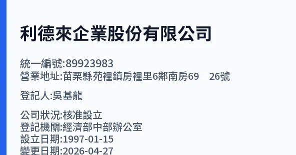 利德來企業股份有限公司的照片-統編 89923983(苗栗縣) 公司登記資料與營業項目詳細圖表