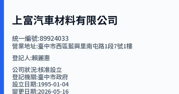 上富汽車材料有限公司的照片-統編 89924033(臺中市) 公司登記資料與營業項目詳細圖表