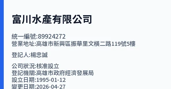 富川水產有限公司的照片-統編 89924272(高雄市) 公司登記資料與營業項目詳細圖表