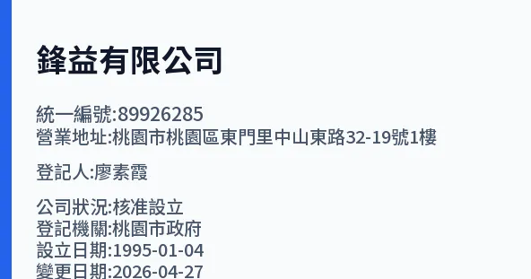 鋒益有限公司的照片-統編 89926285(桃園市) 公司登記資料與營業項目詳細圖表