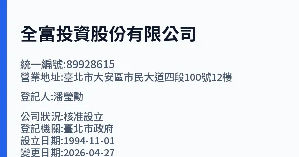 全富投資股份有限公司的照片-統編 89928615(臺北市) 公司登記資料與營業項目詳細圖表
