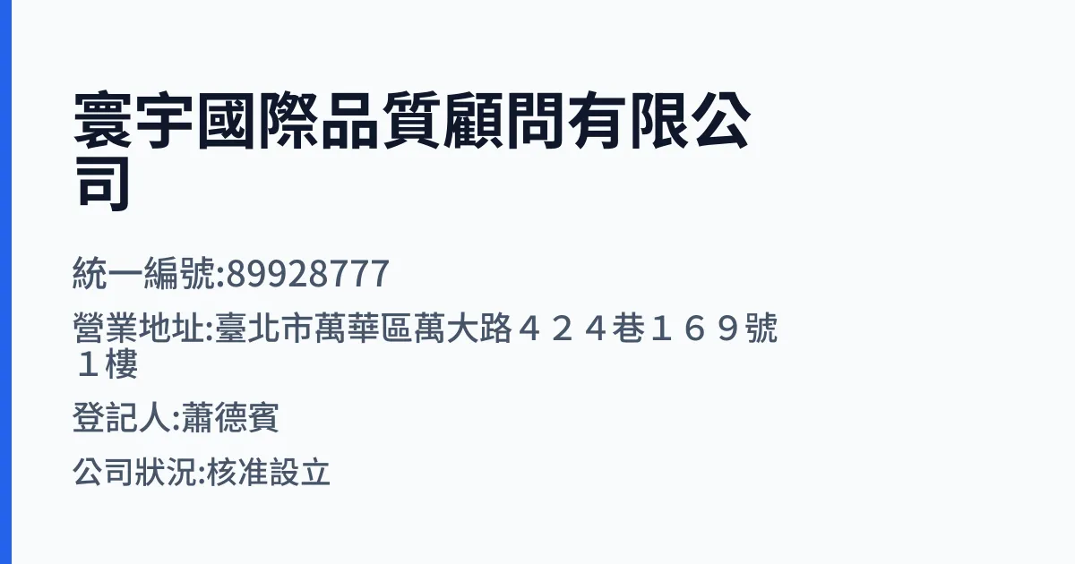 寰宇國際品質顧問有限公司 - 統編 89928777(臺北市) 公司登記資料與營業項目詳細圖表