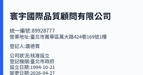 寰宇國際品質顧問有限公司的照片-統編 89928777(臺北市) 公司登記資料與營業項目詳細圖表