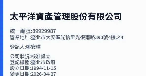太平洋資產管理股份有限公司的照片-統編 89929987(臺北市) 公司登記資料與營業項目詳細圖表