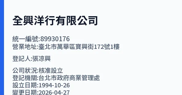 全興洋行有限公司的照片-統編 89930176(臺北市) 公司登記資料與營業項目詳細圖表