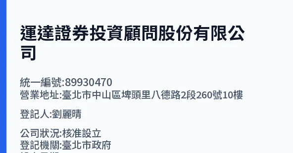 運達證券投資顧問股份有限公司的照片-統編 89930470(臺北市) 公司登記資料與營業項目詳細圖表