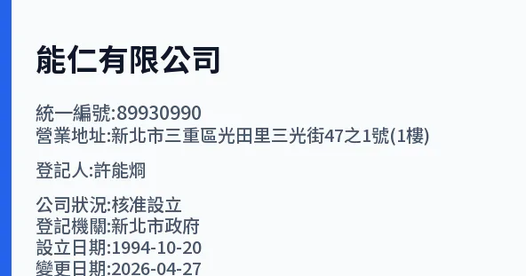 能仁有限公司的照片-統編 89930990(新北市) 公司登記資料與營業項目詳細圖表