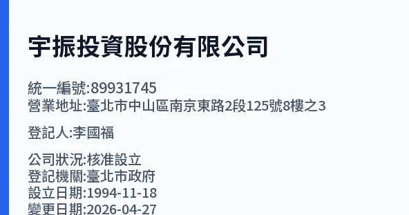 宇振投資股份有限公司的照片-統編 89931745(臺北市) 公司登記資料與營業項目詳細圖表