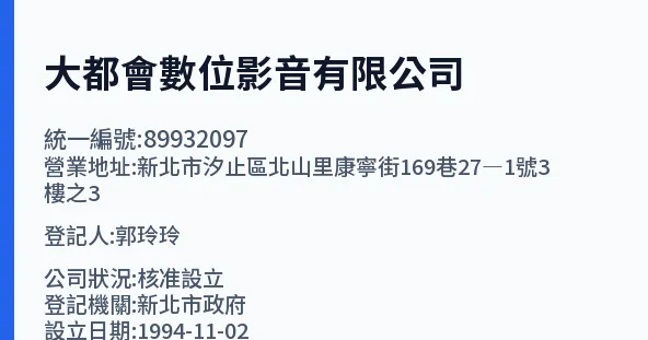 大都會數位影音有限公司的照片-統編 89932097(新北市) 公司登記資料與營業項目詳細圖表