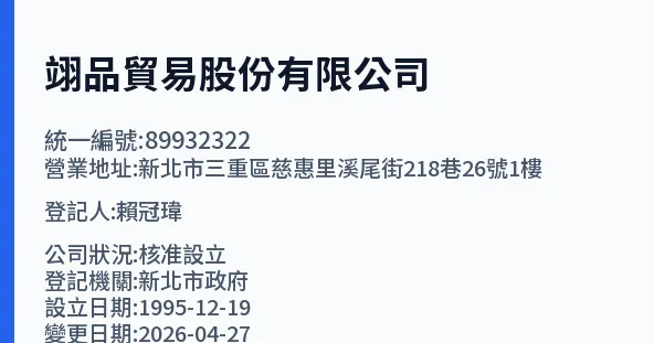 翊品貿易股份有限公司的照片-統編 89932322(新北市) 公司登記資料與營業項目詳細圖表