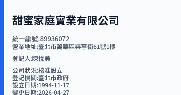 甜蜜家庭實業有限公司的照片-統編 89936072(臺北市) 公司登記資料與營業項目詳細圖表