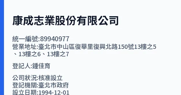 康成志業股份有限公司的照片-統編 89940977(臺北市) 公司登記資料與營業項目詳細圖表