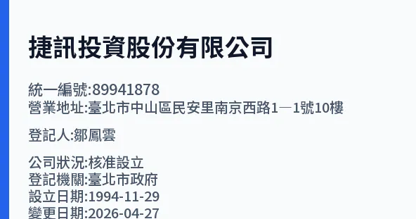 捷訊投資股份有限公司的照片-統編 89941878(臺北市) 公司登記資料與營業項目詳細圖表